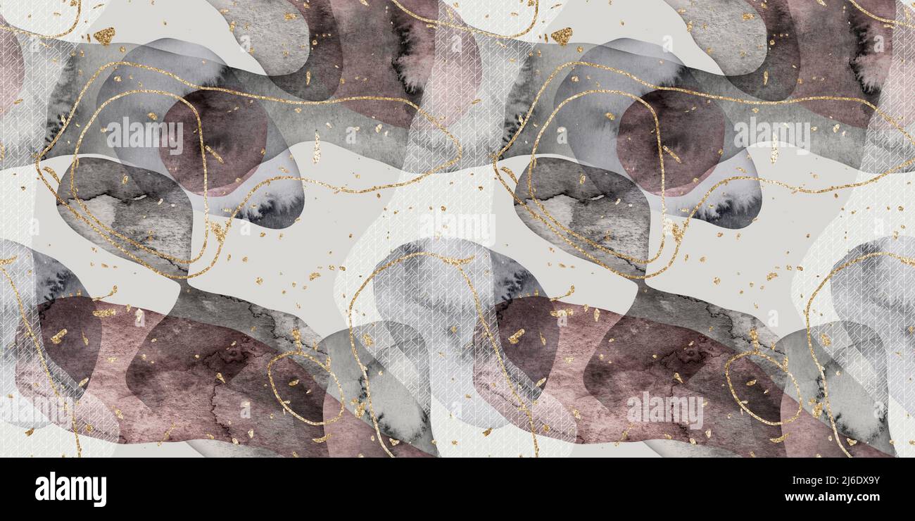 Seamless watercolor abstract organic blob shape overlay with gold lines ...