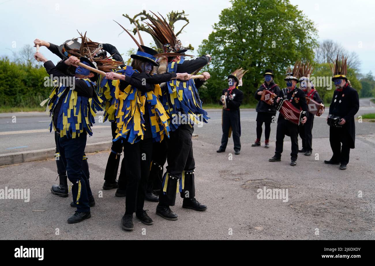 Members of the Hook Eagle Morris Men perform outside the Shack Cafe near to Hook in Hampshire as ...