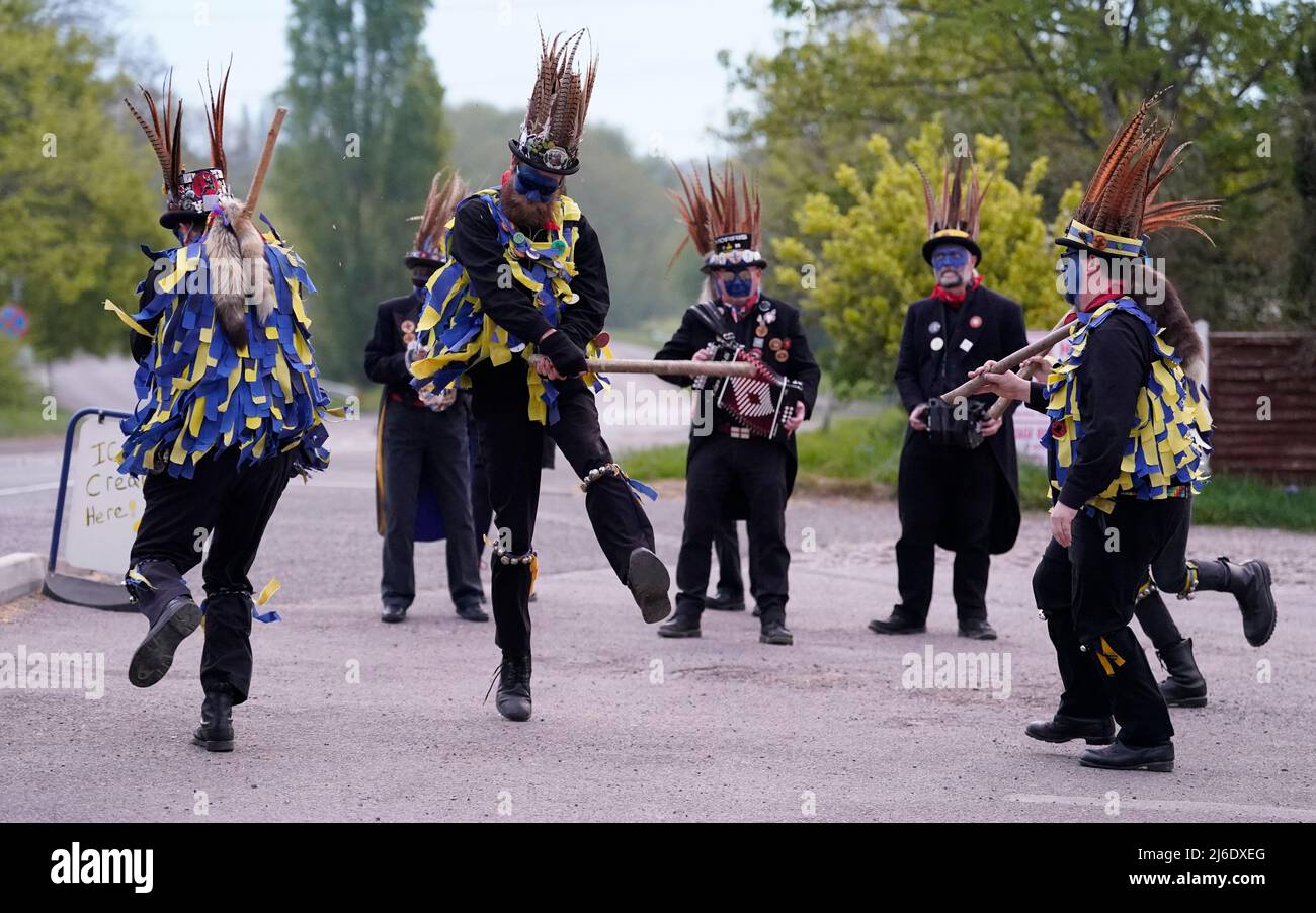 Members of the Hook Eagle Morris Men perform outside the Shack Cafe near to Hook in Hampshire as ...