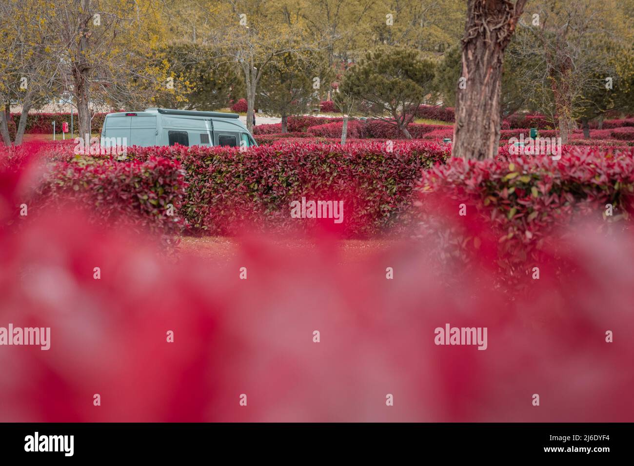 Modern fancy posh motorhome parked in a nice camping resort surrounded ...