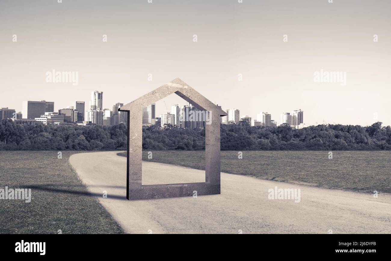 Conceptual background image of concrete home sign on asphalt road Stock ...
