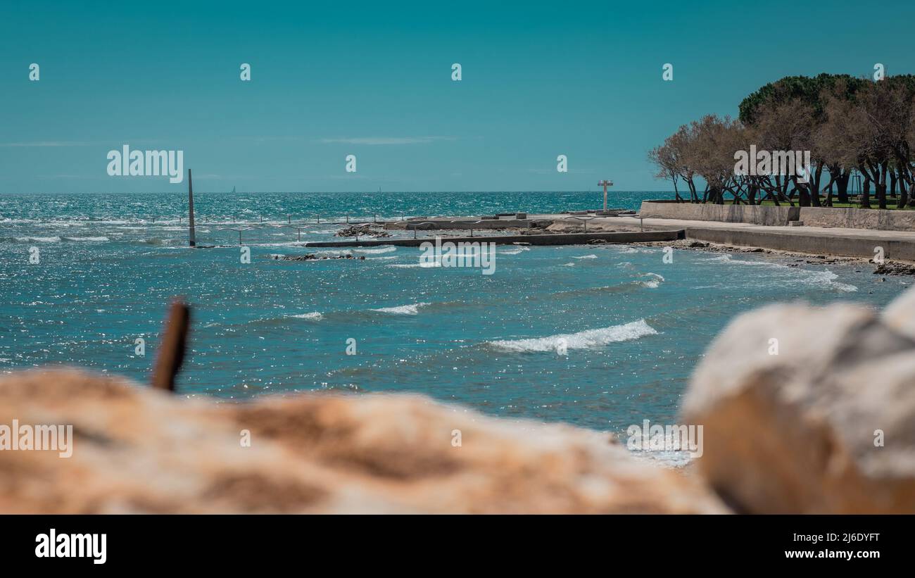 Concrete beach in early summer sun with trees on the beach and small ...