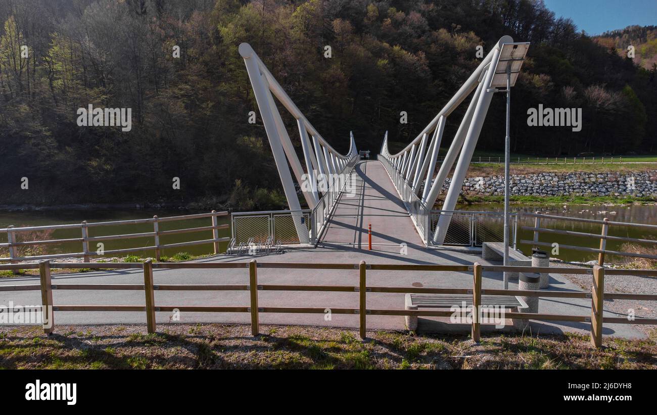 Modern bridge for bicycles over Savinja river in the Celje region on ...