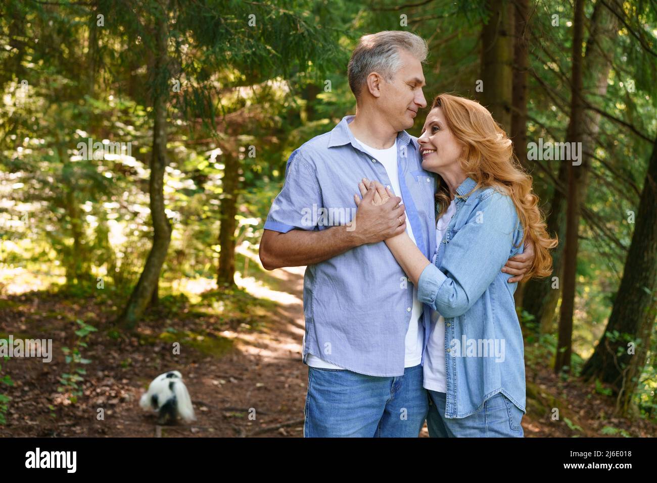 Old age, relationships and people concept happy senior couple hugging in city park against the ...