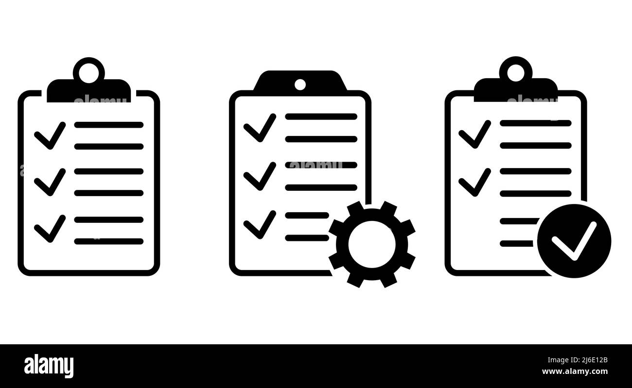 Clipboard icon set. Checklist with gear, checkmarks and magnify glass. Quality check line sign ...