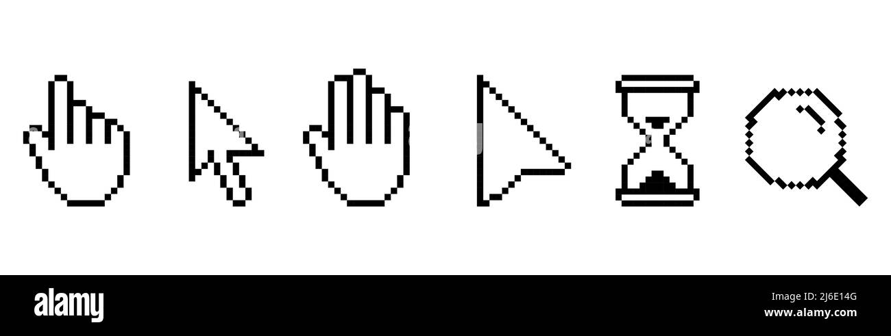 Pixel cursors icons - mouse cursor, hand pointer, hourglass. Vector ...