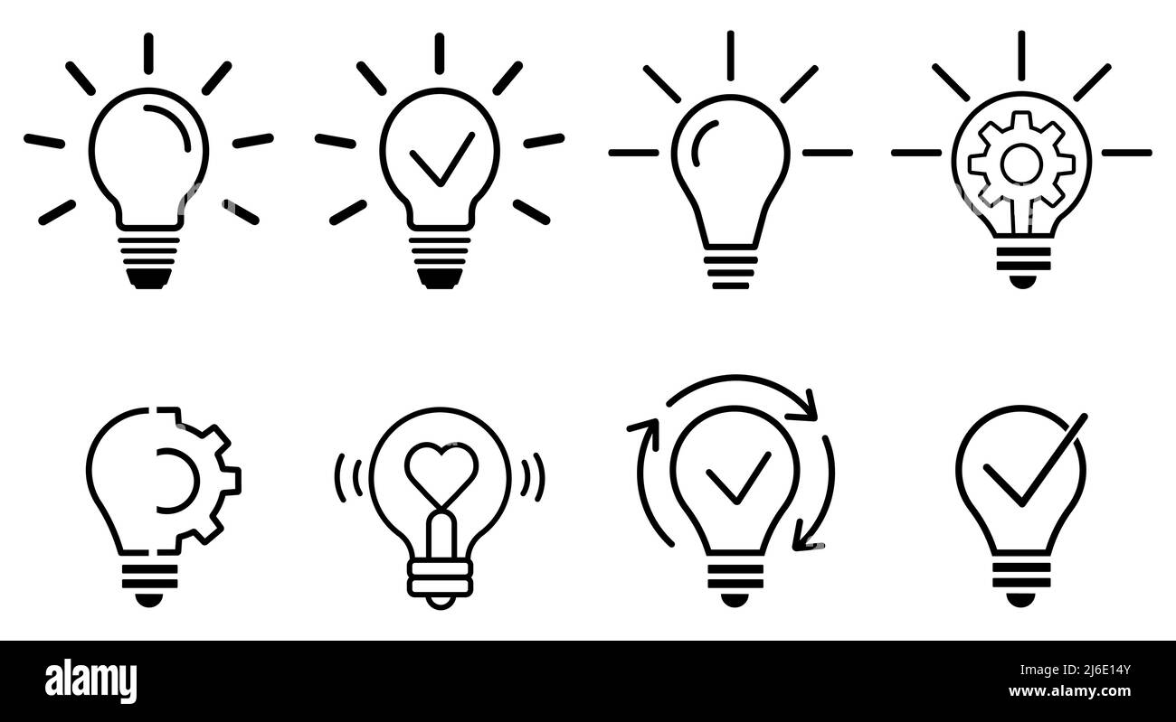Light bulb linear icon set. Ideas and process icon in flat style. Light ...