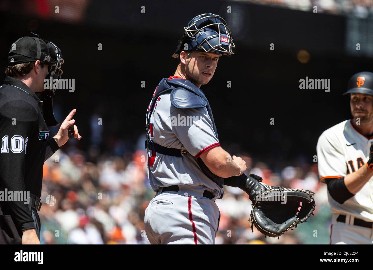 April 30 2022 San Francisco CA, U.S.A. Washington catcher Riley Adams ...