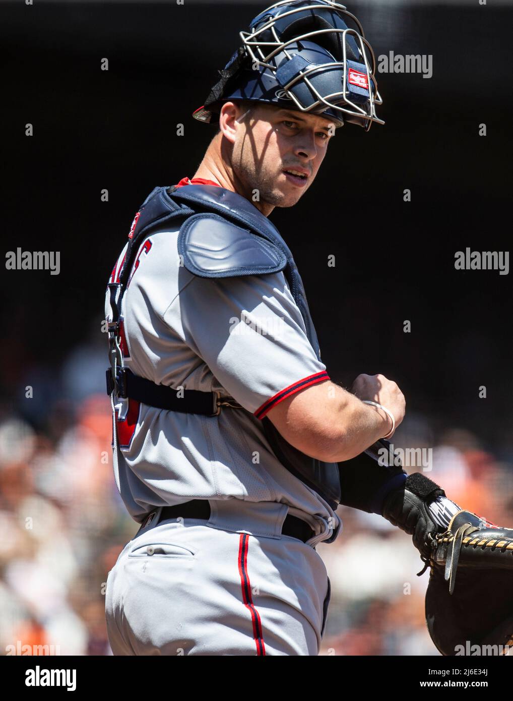 April 30 2022 San Francisco CA, U.S.A. Washington catcher Riley Adams ...