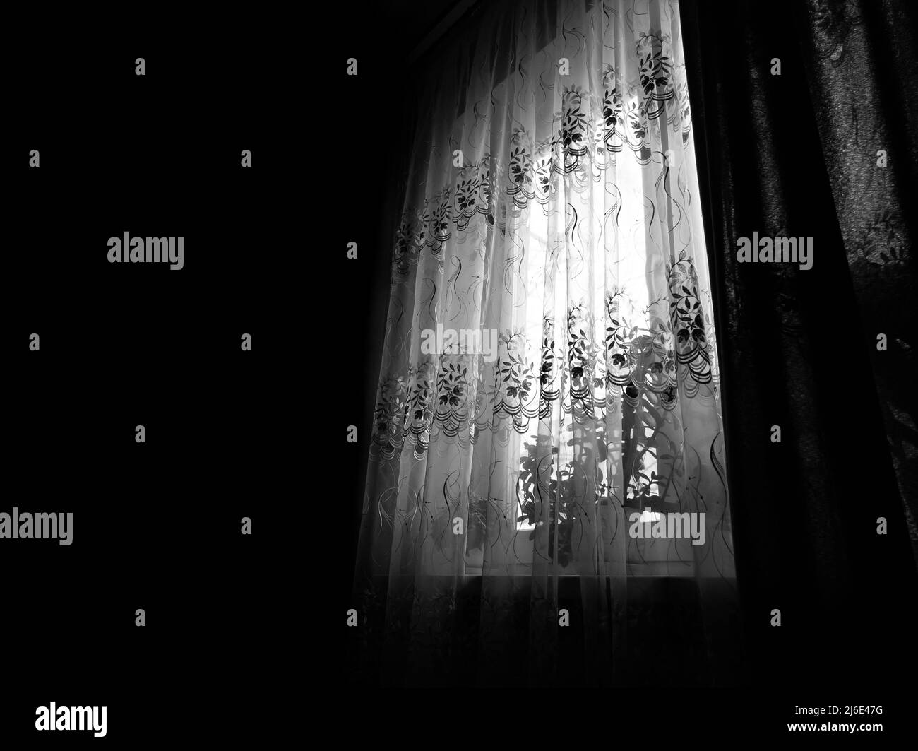 Window with curtains on a black background. Flat. Daylight through ...