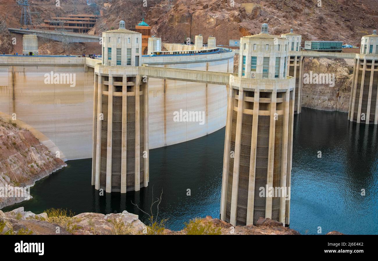 Penstocks, or water intake towers, in Lake Mead at Hoover Dam on the ...