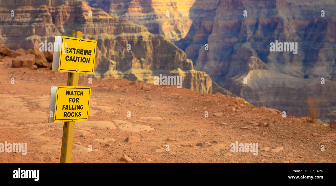 Extreme caution. Watch for falling rocks. Yellow Sign, Grand Canyon ...