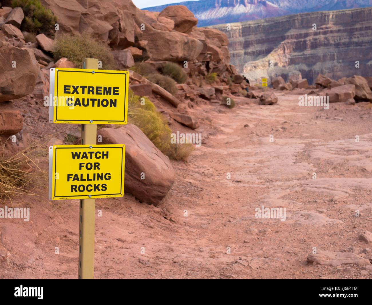 Extreme caution. Watch for falling rocks. Yellow Sign, Grand Canyon ...