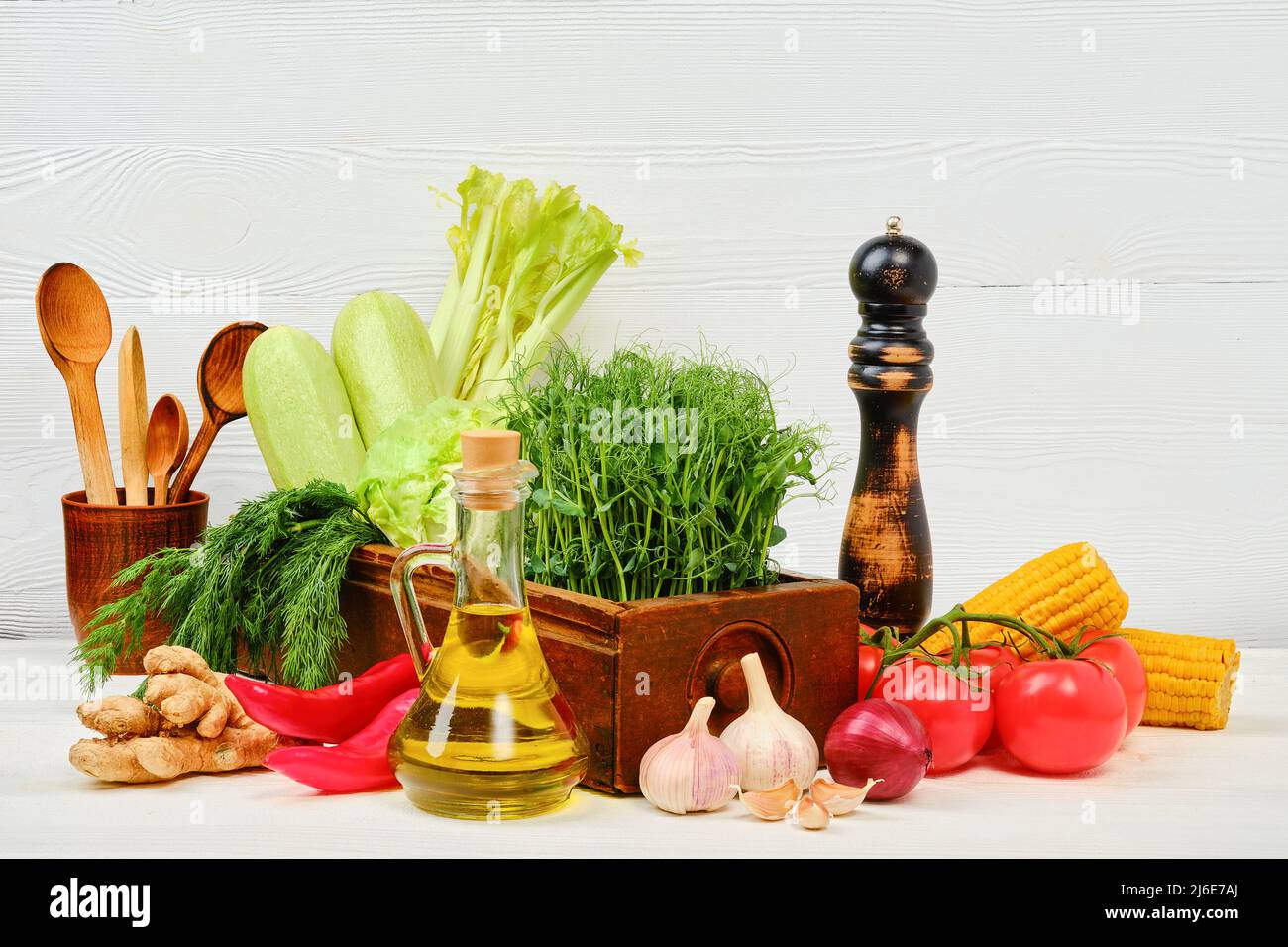 Wooden table with fresh eco vegetables and herbs. World vegan day ...