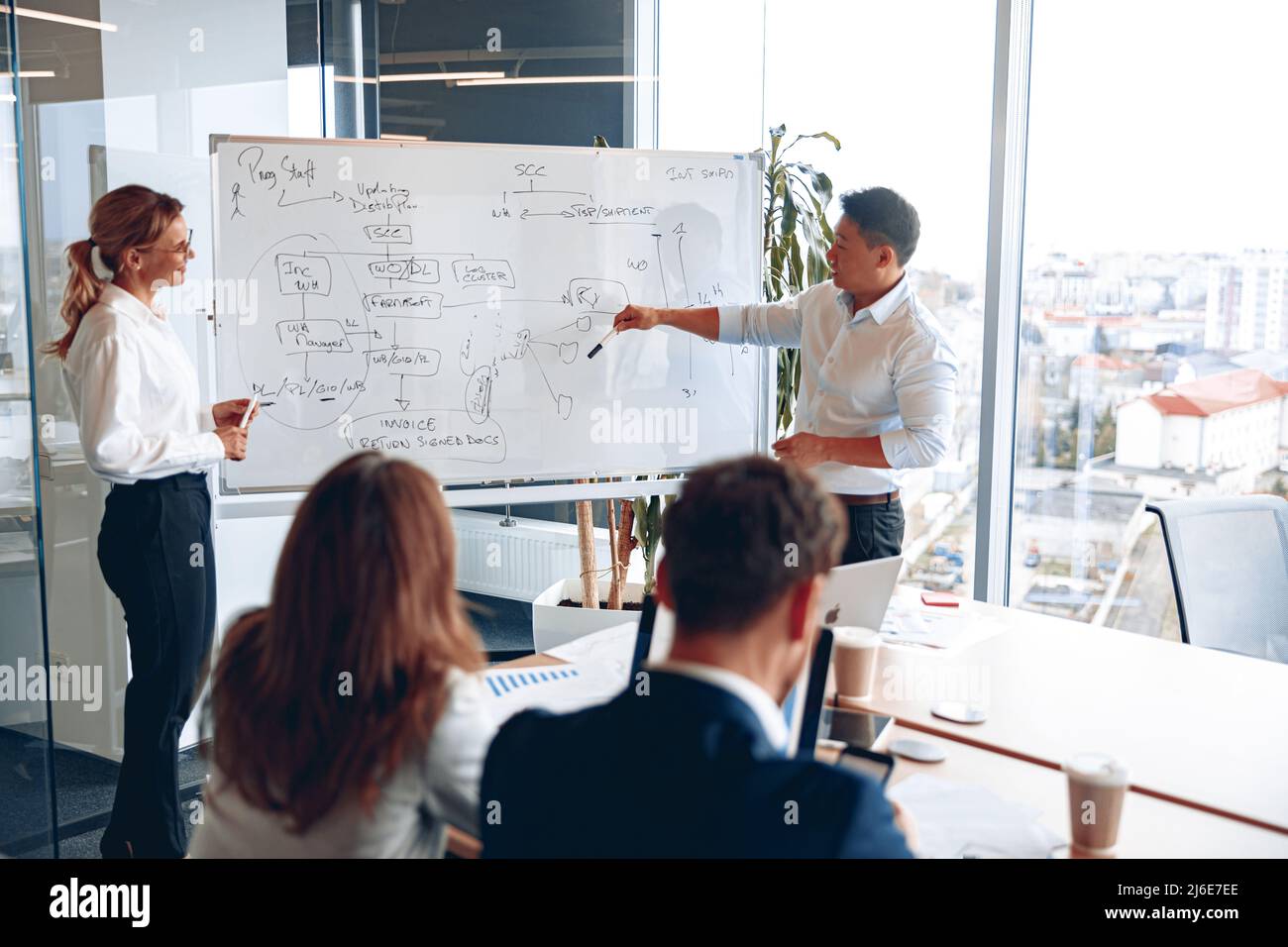 Asian man and woman holding a meeting for employees to improve their ...
