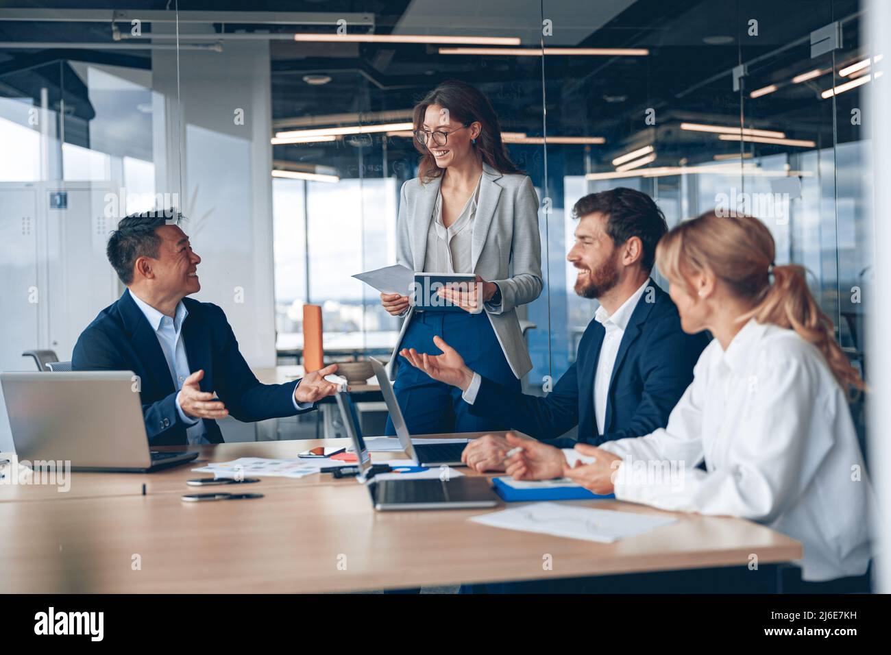 A group of business people partners during a set team meeting in the ...