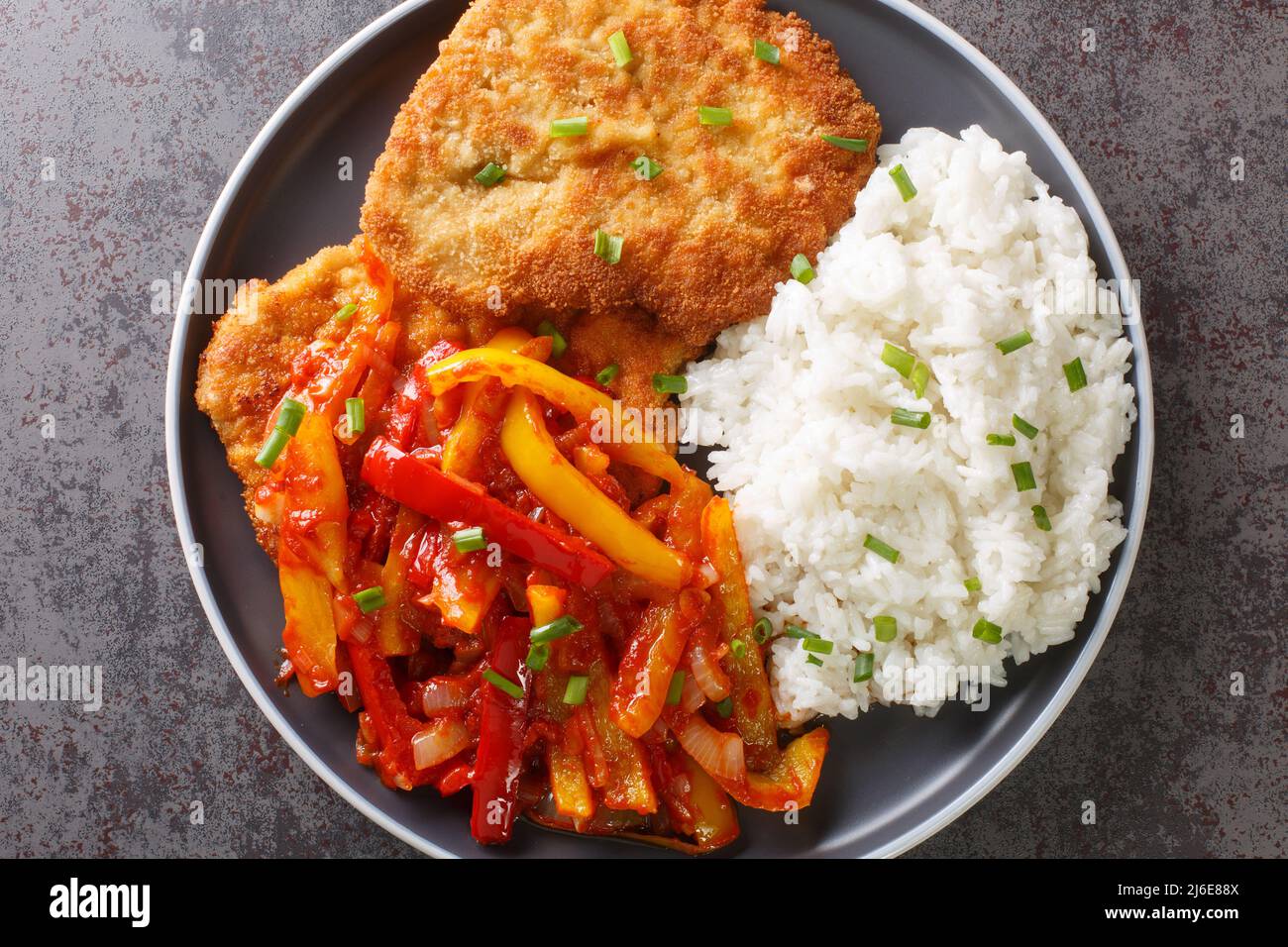 Homemade breaded schnitzel served with Gypsy sauce of bell peppers and ...
