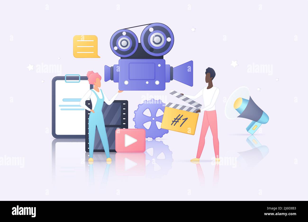 Cinema movie production. Tiny crew of director assistant with ...