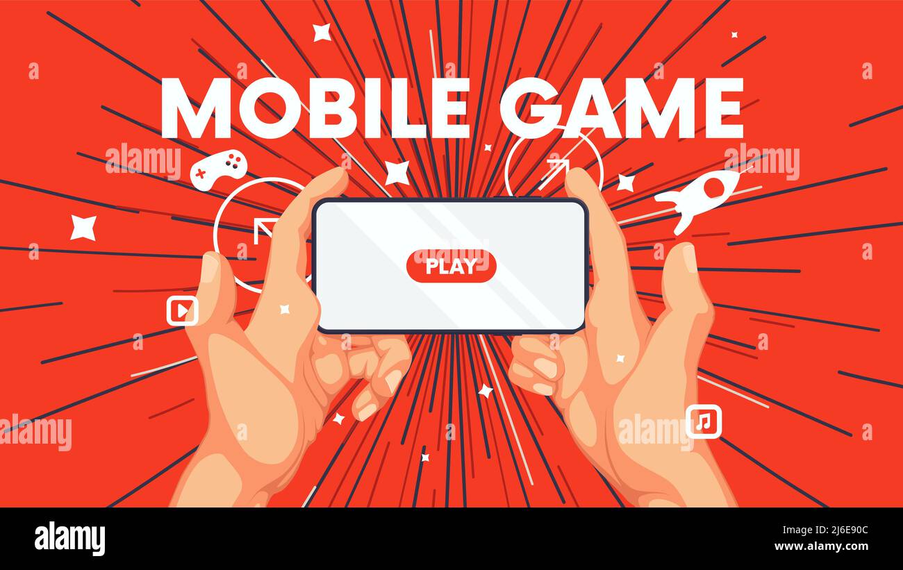 Business background with human hand and phone, playing video games on ...