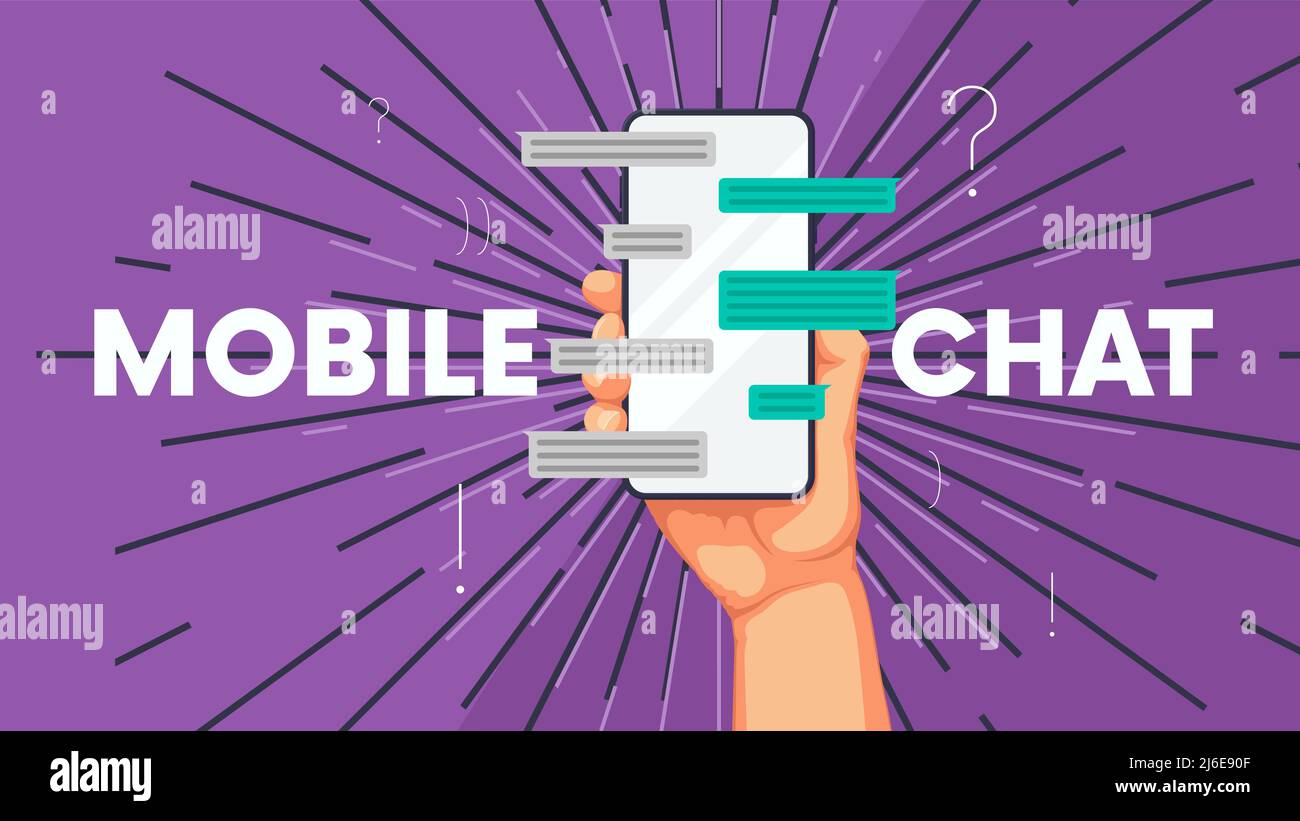 Business background with human hand and phone, online conversation chat ...