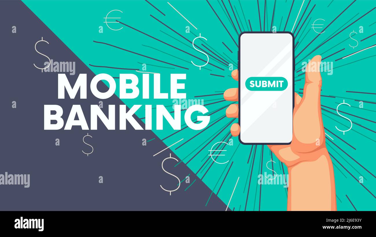 Business background with human hand and phone, internet banking on ...
