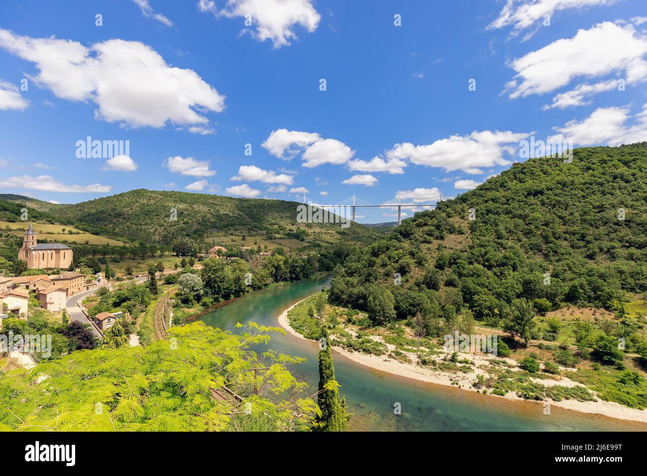 Full of forests and cultivated fields Tarn valley with river spread out ...