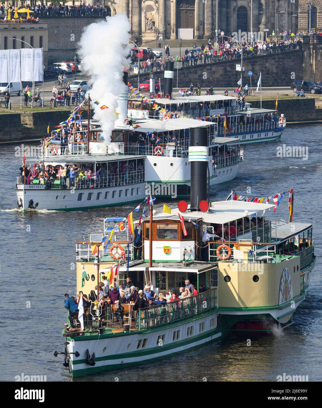 Dresden, Germany. 01st May, 2022. With the signal of their steam sirens ...