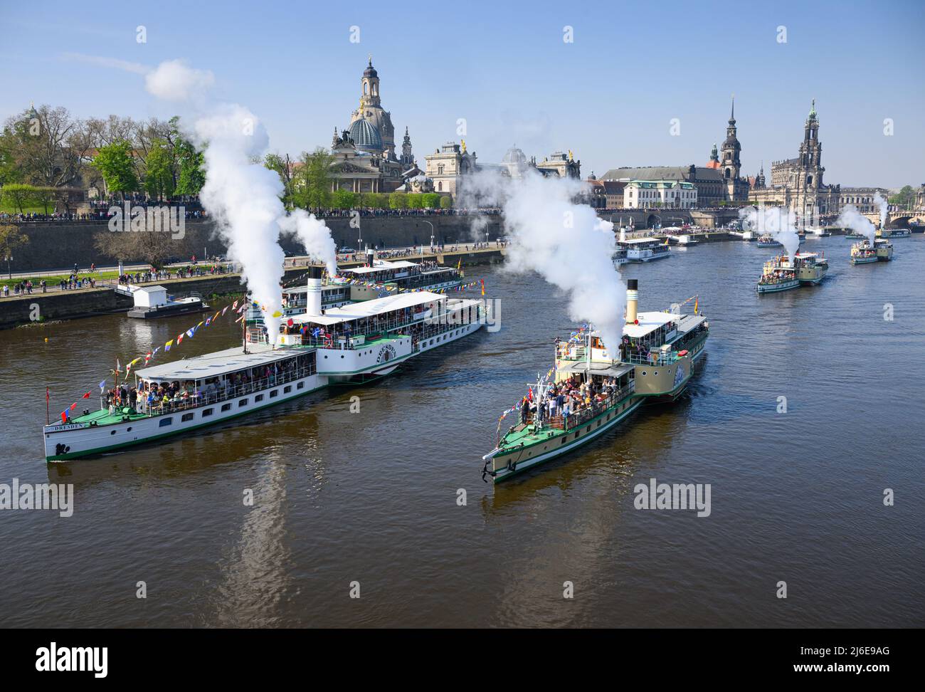 Dresden, Germany. 01st May, 2022. With the signal of their steam sirens ...