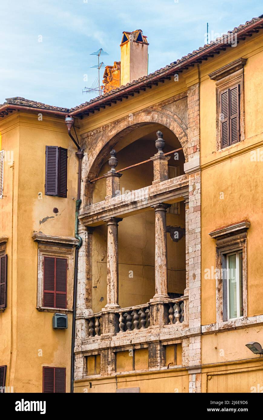 Scenic ancient balcony in Corso Vannucci, main street of Perugia, Italy ...
