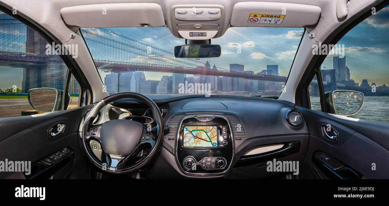 Looking through a car windshield with view over the iconic Brooklyn ...