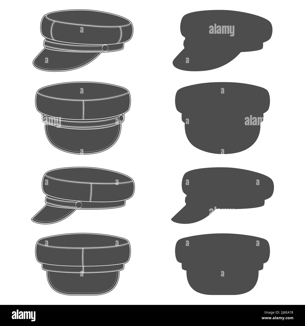 Set of black and white illustrations with peaked cap, forage cap ...