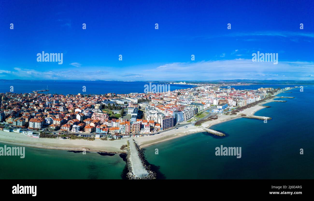 Panoramic bird's eye view over small ancient resort town of Pomorie ...