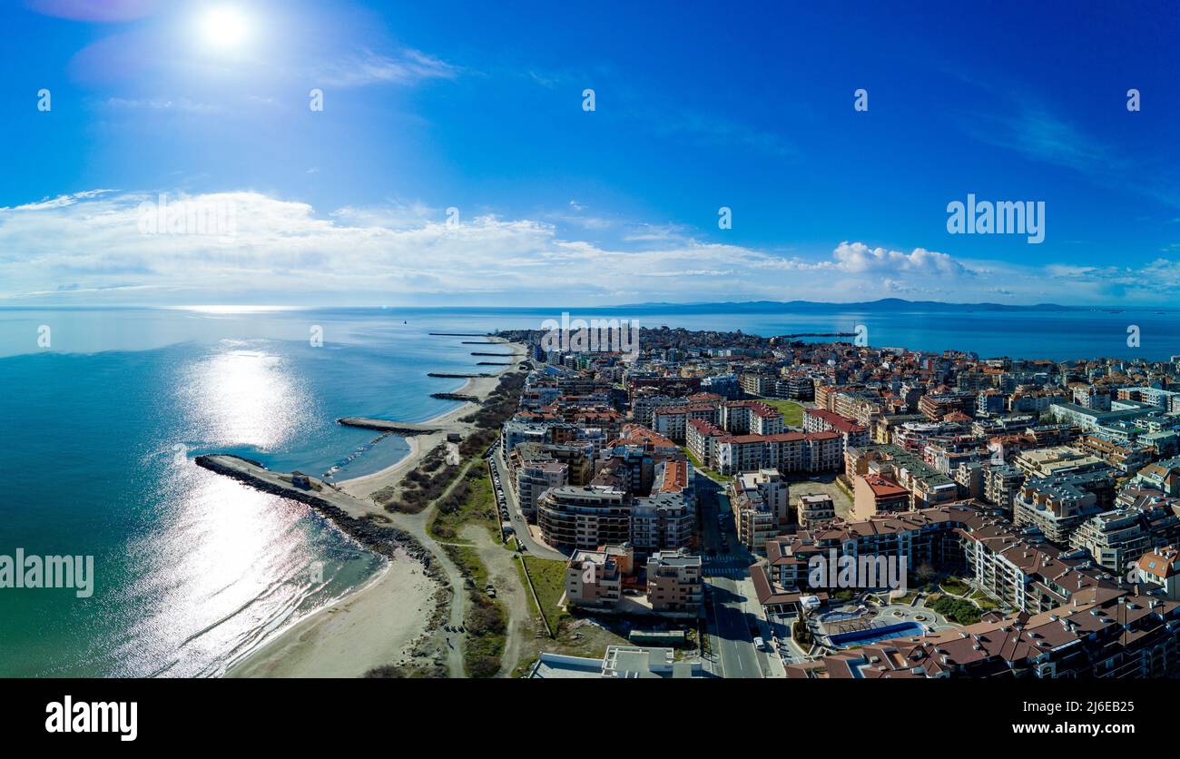 Panoramic bird's eye view over small ancient resort town of Pomorie ...