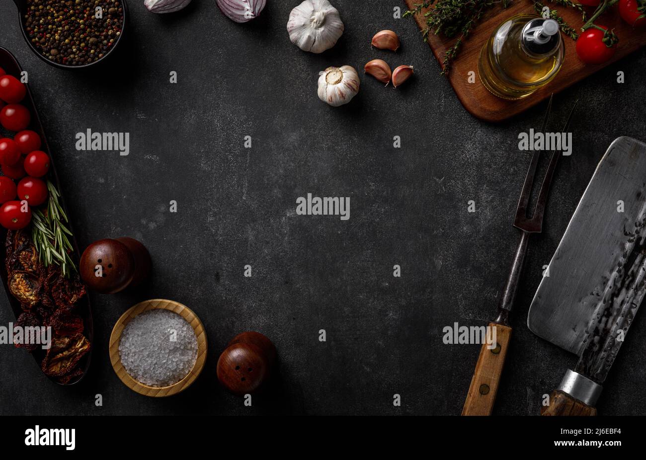 Steak cooking background with seasoning and grilled vegetable. Flat lay ...