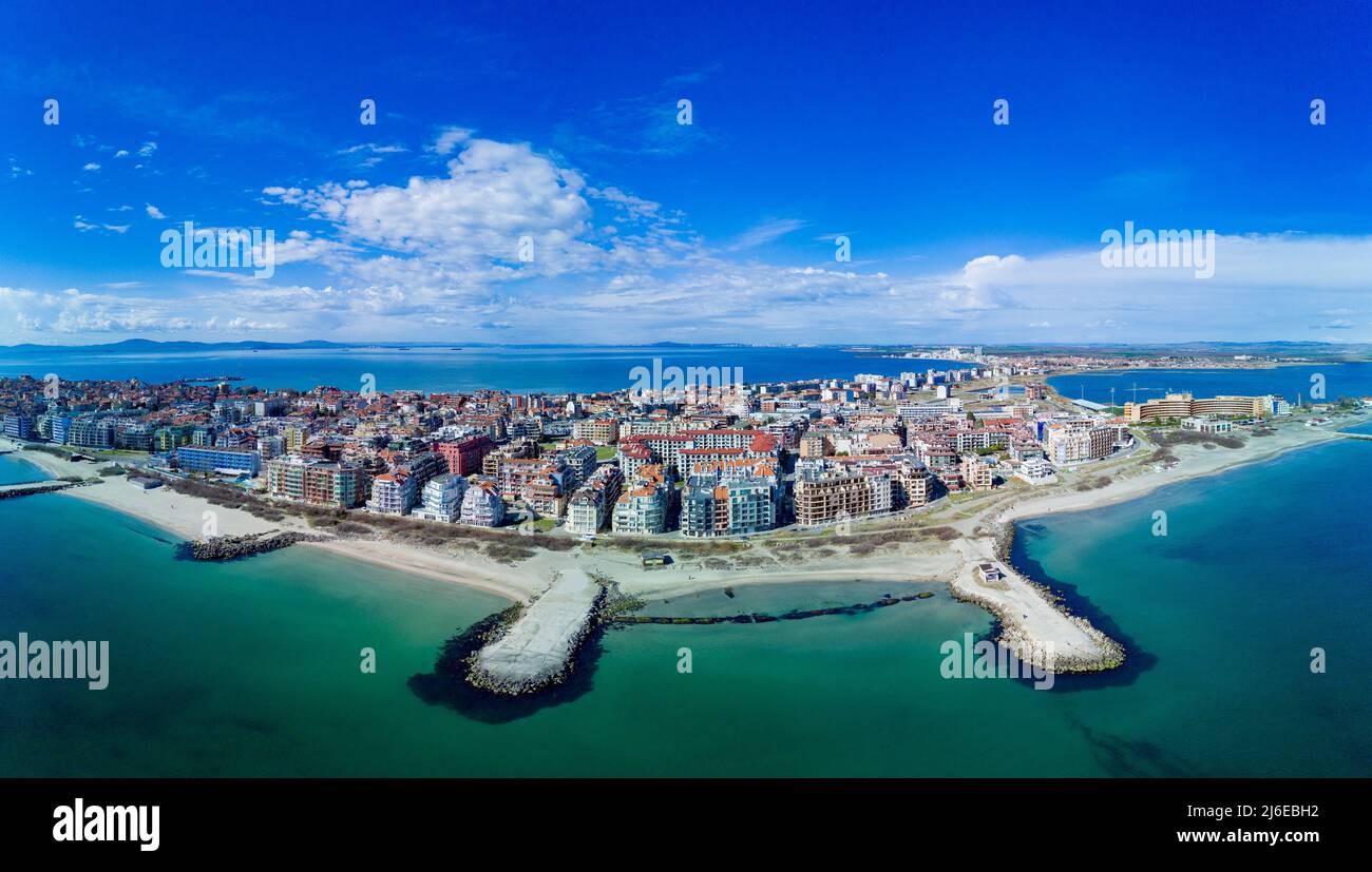 Panoramic bird's eye view over small ancient resort town of Pomorie ...