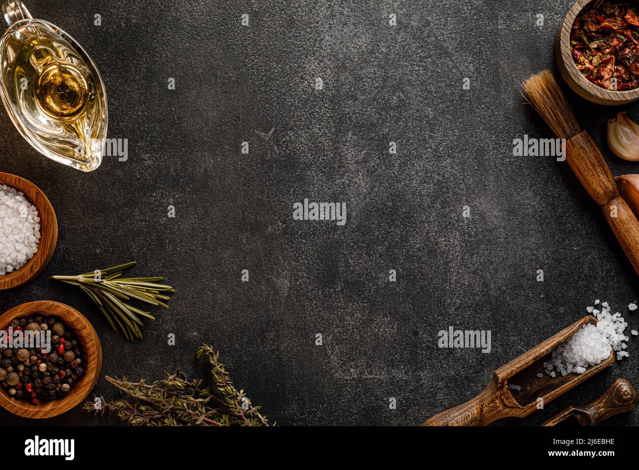 Culinary banner with kitchen stone table, spices and cutlery view from ...