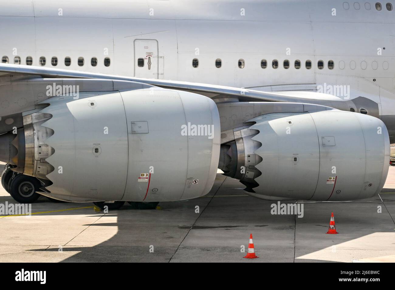 Frankfurt, Germany - April 2022: Close up view of the engines of a ...