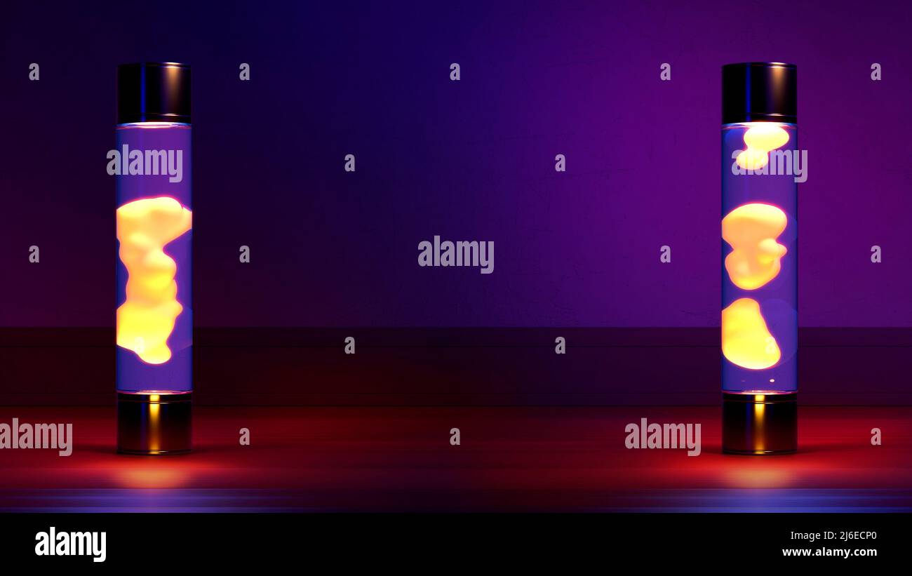 Two yellow lava lamp shining on dark background with empty space ...