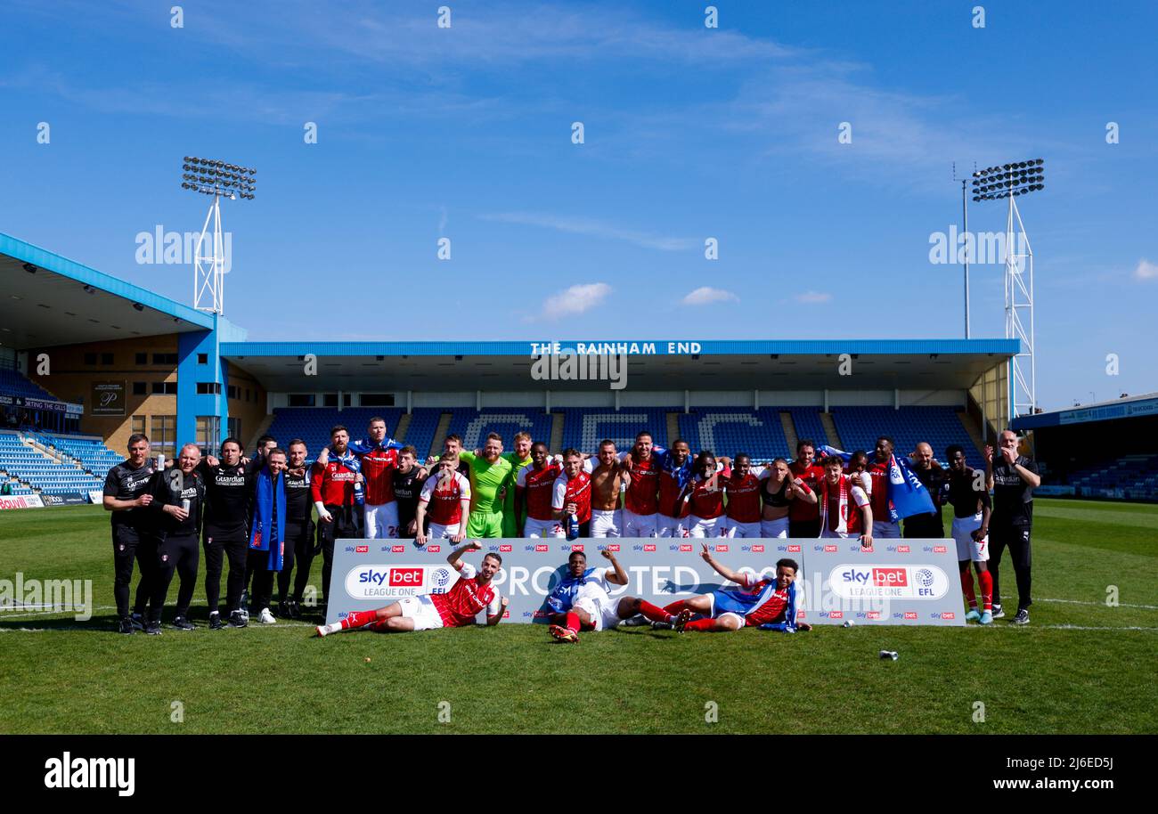 Rotherham United players and staff celebrate winning promotion at the ...
