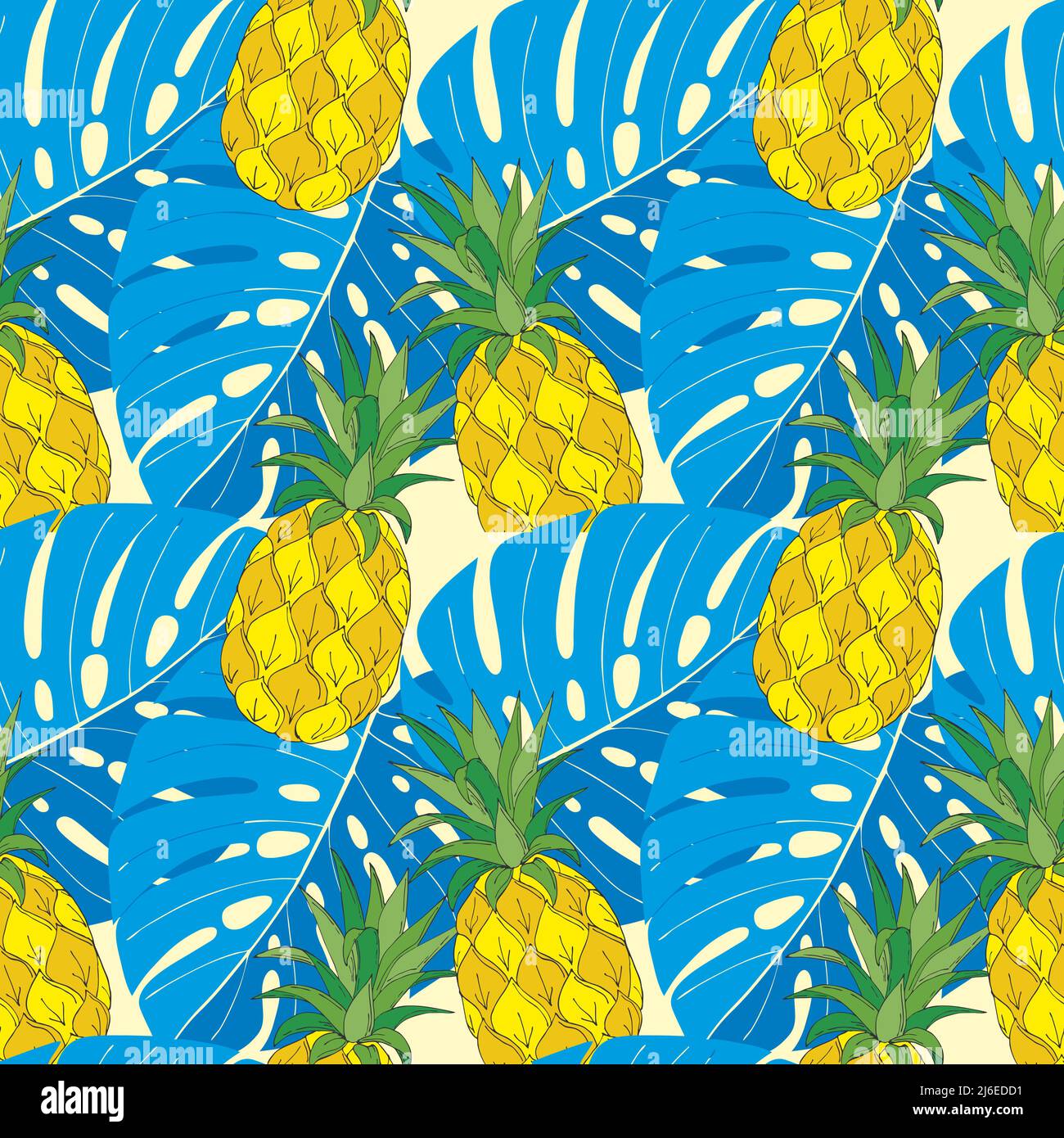 Summer pattern with pineapple doodle and blue monstera leaves. Vector ...