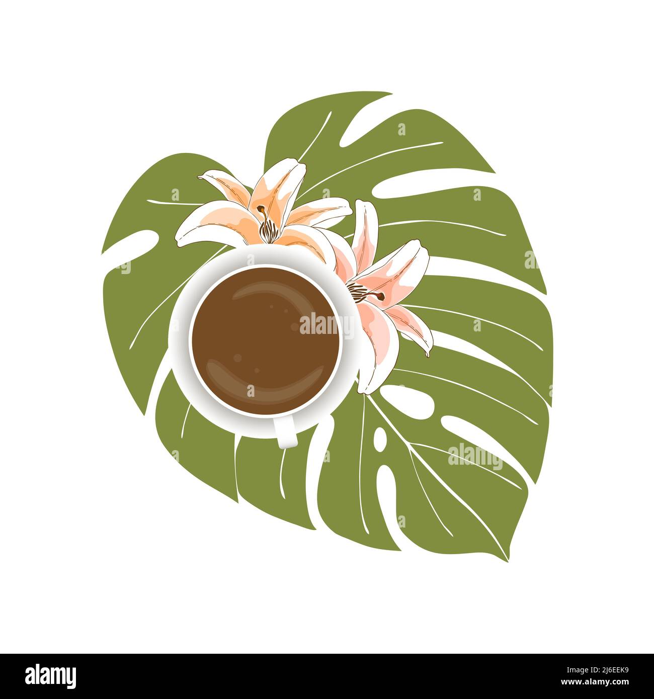 Coffee cup with lilies and monstera leaf Good Morning breakfast ...