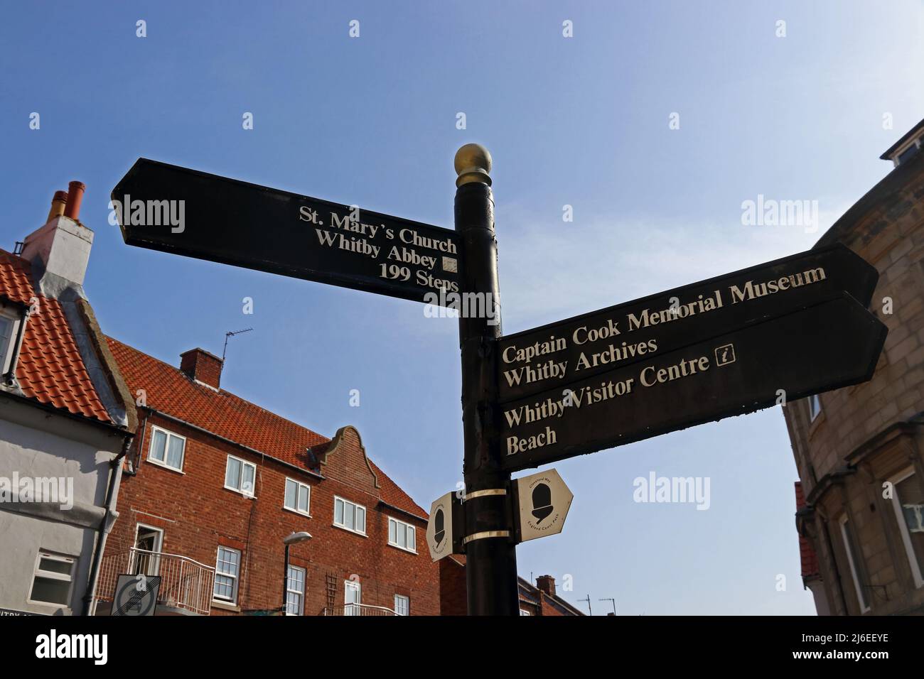Signpost showing directions to Abbey, St Mary church, Whitby Stock ...