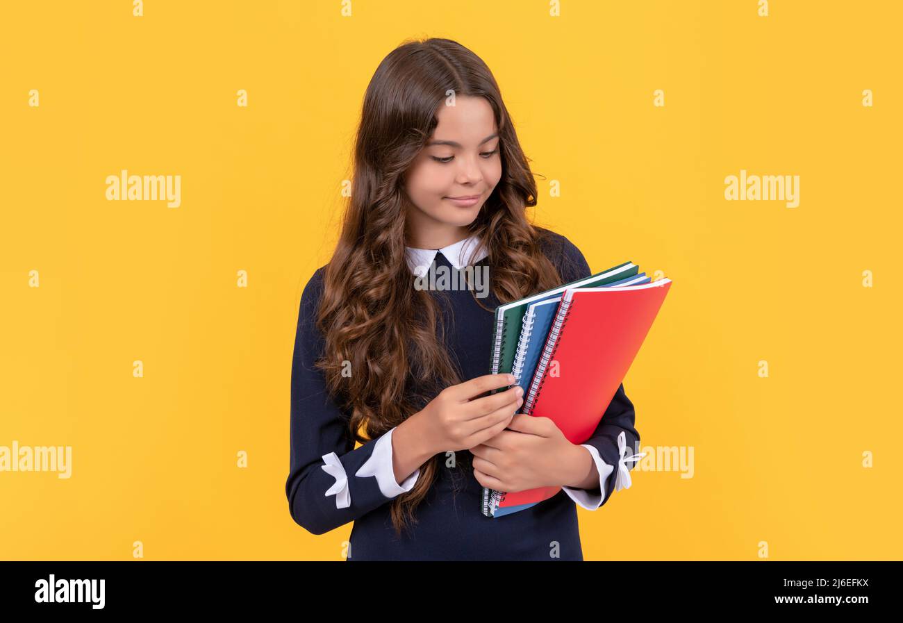 childhood. kid with smile on face going to do homework. teenager ...