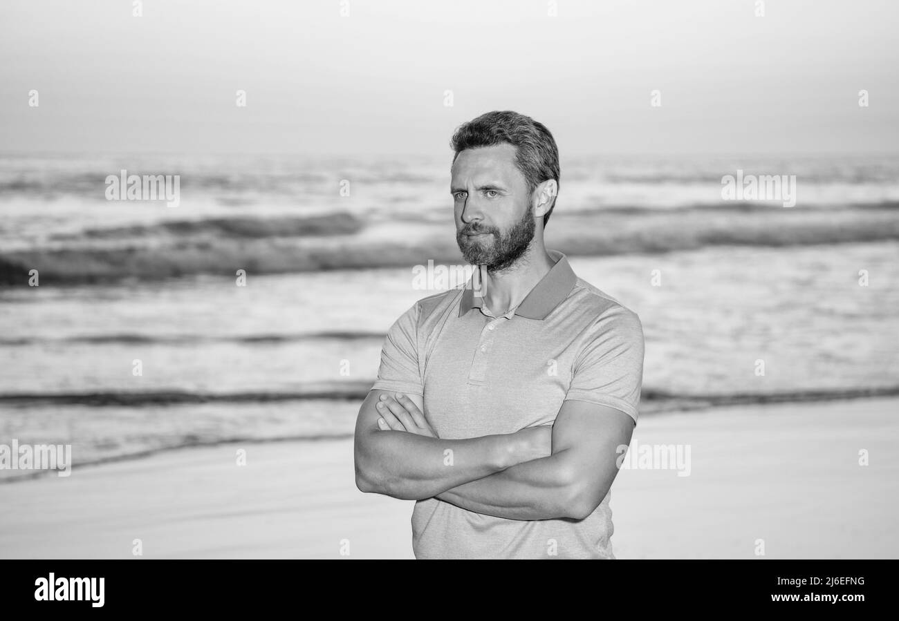 bearded man over the sea on morning summer beach, mediterranean Stock ...
