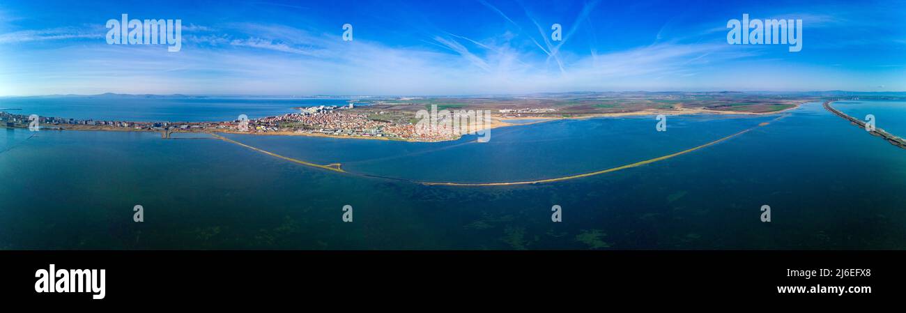 Panoramic bird's eye view over small ancient resort town of Pomorie ...