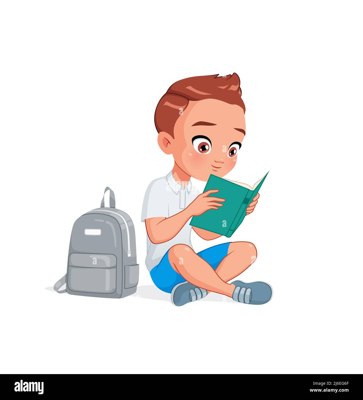 Cute little school boy reading book sitting on the floor. Cartoon ...