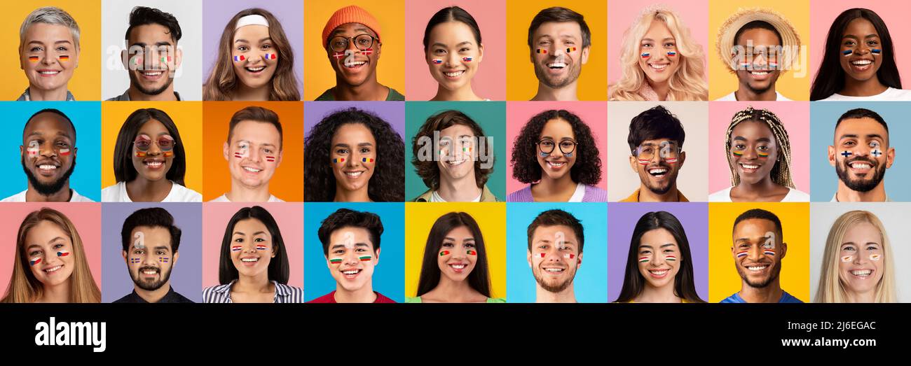 Mosaic of sport supporters happy multiracial men and women faces Stock ...