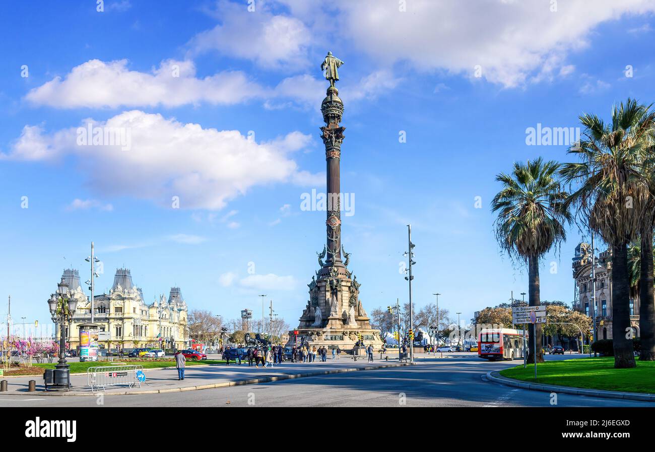Barcelona, Spain. The Columbus monument or The Colon (Mirador de Colom ...