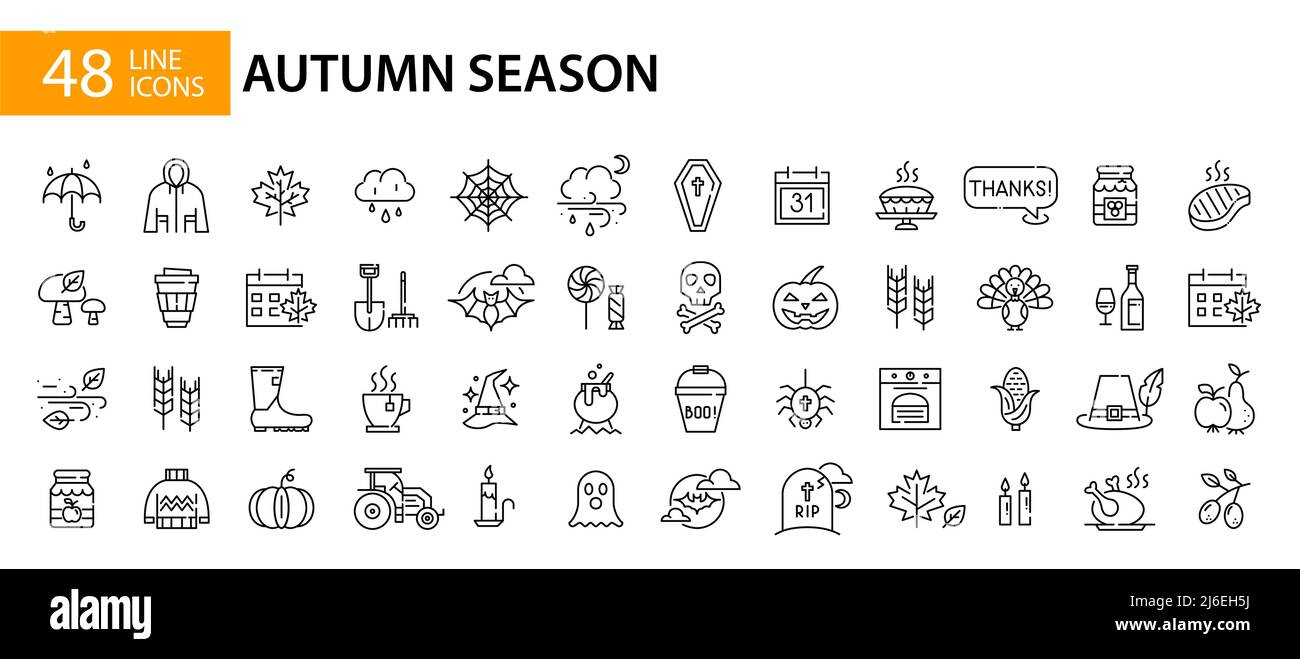 48 fall season icons. Thanksgiving, harvest and Halloween symbols ...