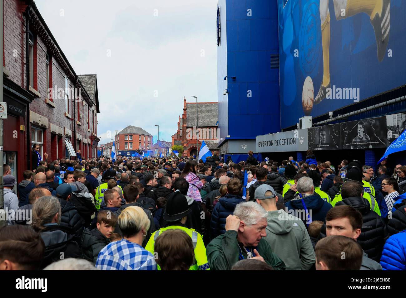 Everton fans gather outside Goodison Park awaiting the arrival of the ...